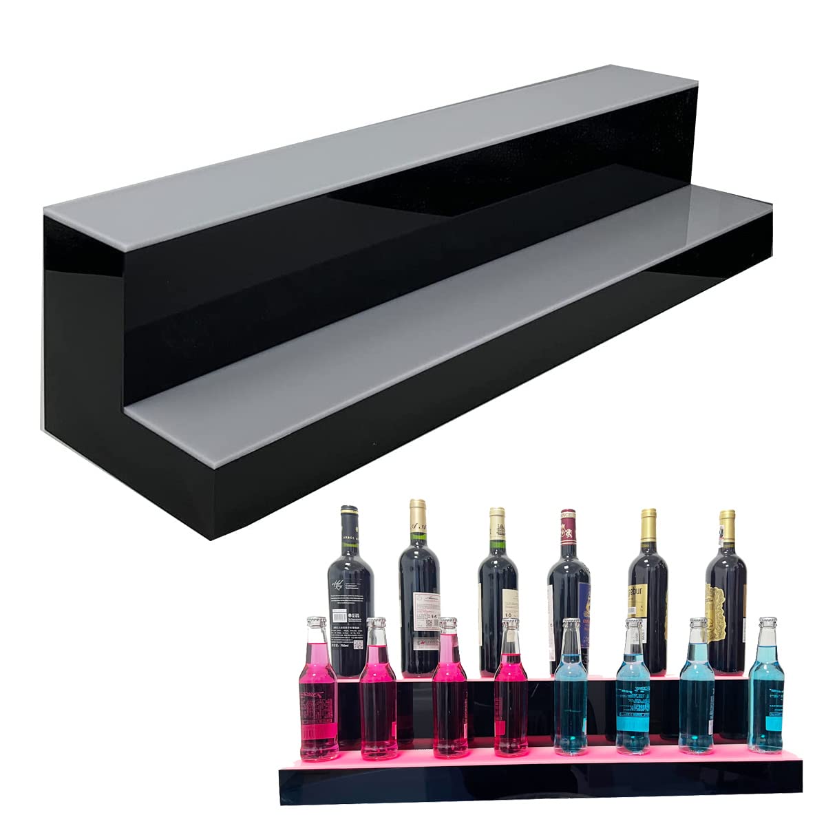 YILIKISS 31 Inch 2 Step LED Lighted Liquor Bottle Display Illuminated Bottle Shelf Home Commercial Bar Shelf Light Changing Shelves with Remote Control,Multiple Colors LED Bar Shelves for Liquor