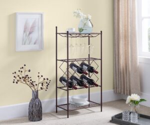 kings brand furniture - keyent metal wine rack stand - liquor bottle rack with glass holder & shelves - freestanding wine bottle holder rack - space-saving bronze finish metal wine rack - metal