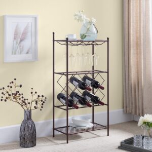 Kings Brand Furniture - Keyent Metal Wine Rack Stand - Liquor Bottle Rack with Glass Holder & Shelves - Freestanding Wine Bottle Holder Rack - Space-Saving Bronze Finish Metal Wine Rack - Metal