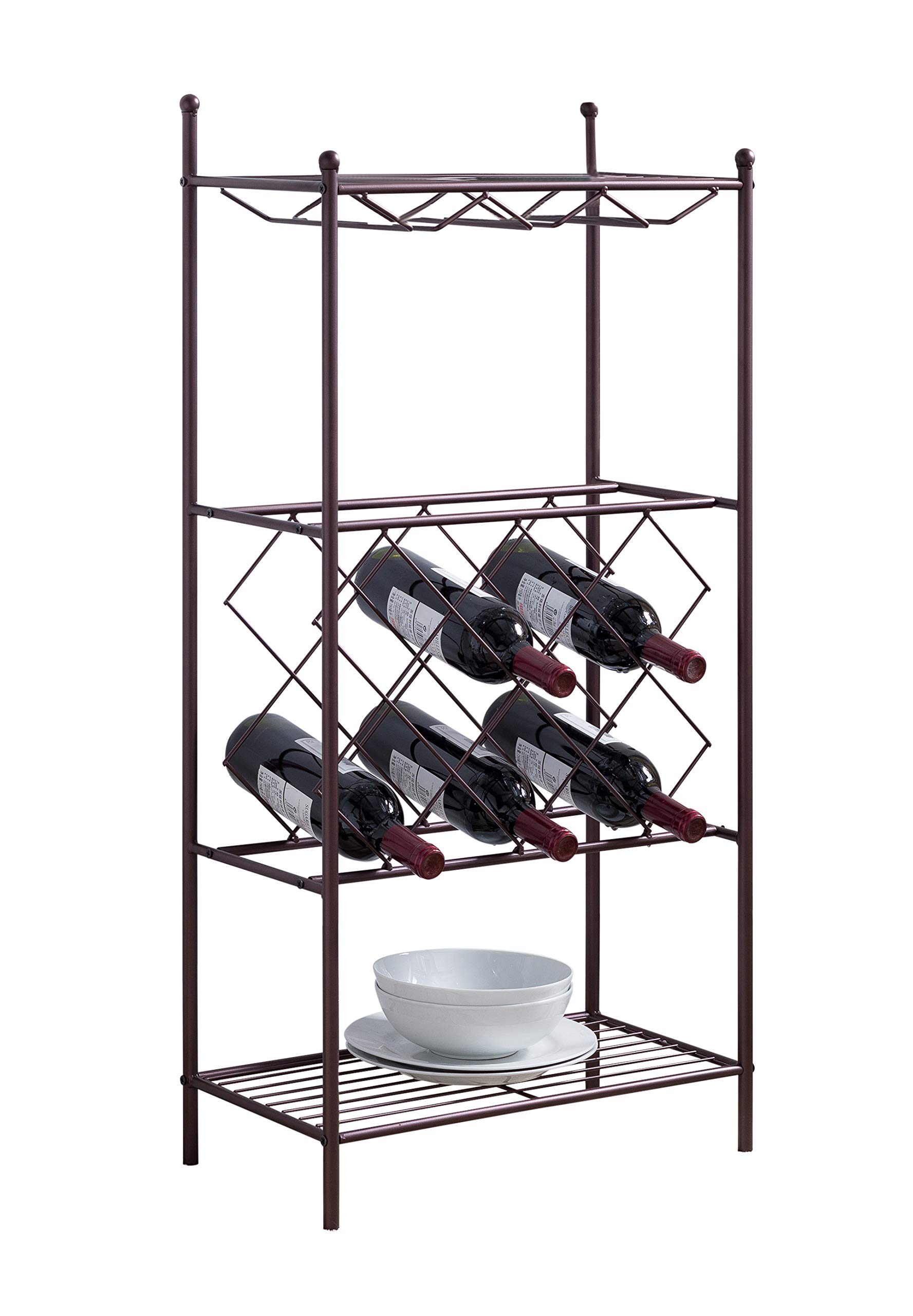 Kings Brand Furniture - Keyent Metal Wine Rack Stand - Liquor Bottle Rack with Glass Holder & Shelves - Freestanding Wine Bottle Holder Rack - Space-Saving Bronze Finish Metal Wine Rack - Metal