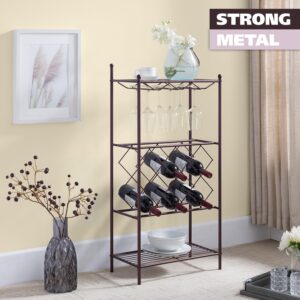 Kings Brand Furniture - Keyent Metal Wine Rack Stand - Liquor Bottle Rack with Glass Holder & Shelves - Freestanding Wine Bottle Holder Rack - Space-Saving Bronze Finish Metal Wine Rack - Metal