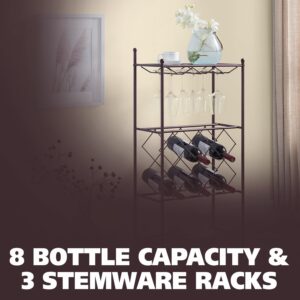 Kings Brand Furniture - Keyent Metal Wine Rack Stand - Liquor Bottle Rack with Glass Holder & Shelves - Freestanding Wine Bottle Holder Rack - Space-Saving Bronze Finish Metal Wine Rack - Metal