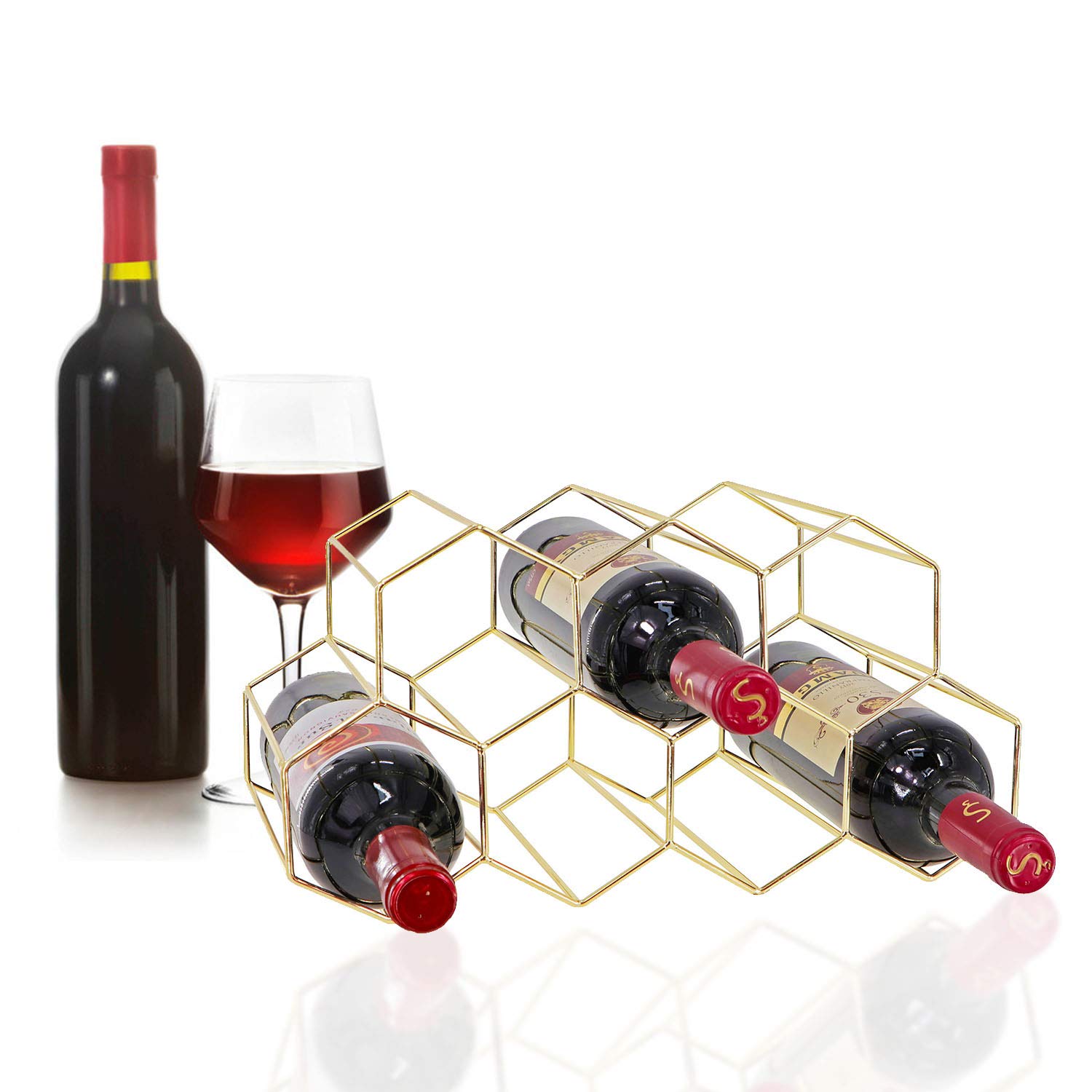 9 Bottle Metal Wine Rack, Tabletop Freestanding Wine Rack, Countertop Wine Storage Holder, Gold