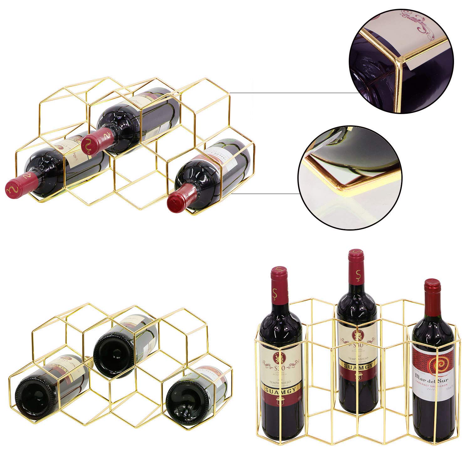 9 Bottle Metal Wine Rack, Tabletop Freestanding Wine Rack, Countertop Wine Storage Holder, Gold