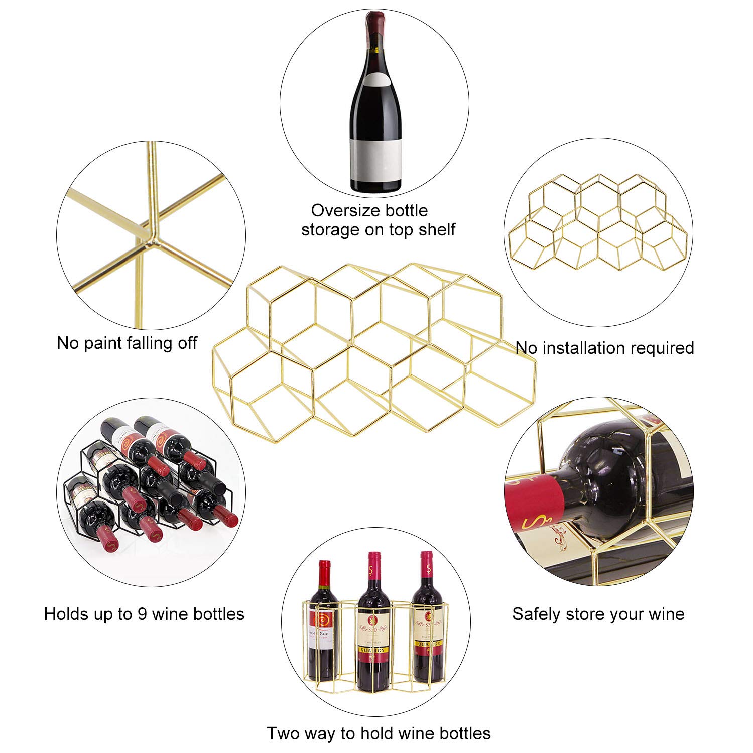 9 Bottle Metal Wine Rack, Tabletop Freestanding Wine Rack, Countertop Wine Storage Holder, Gold