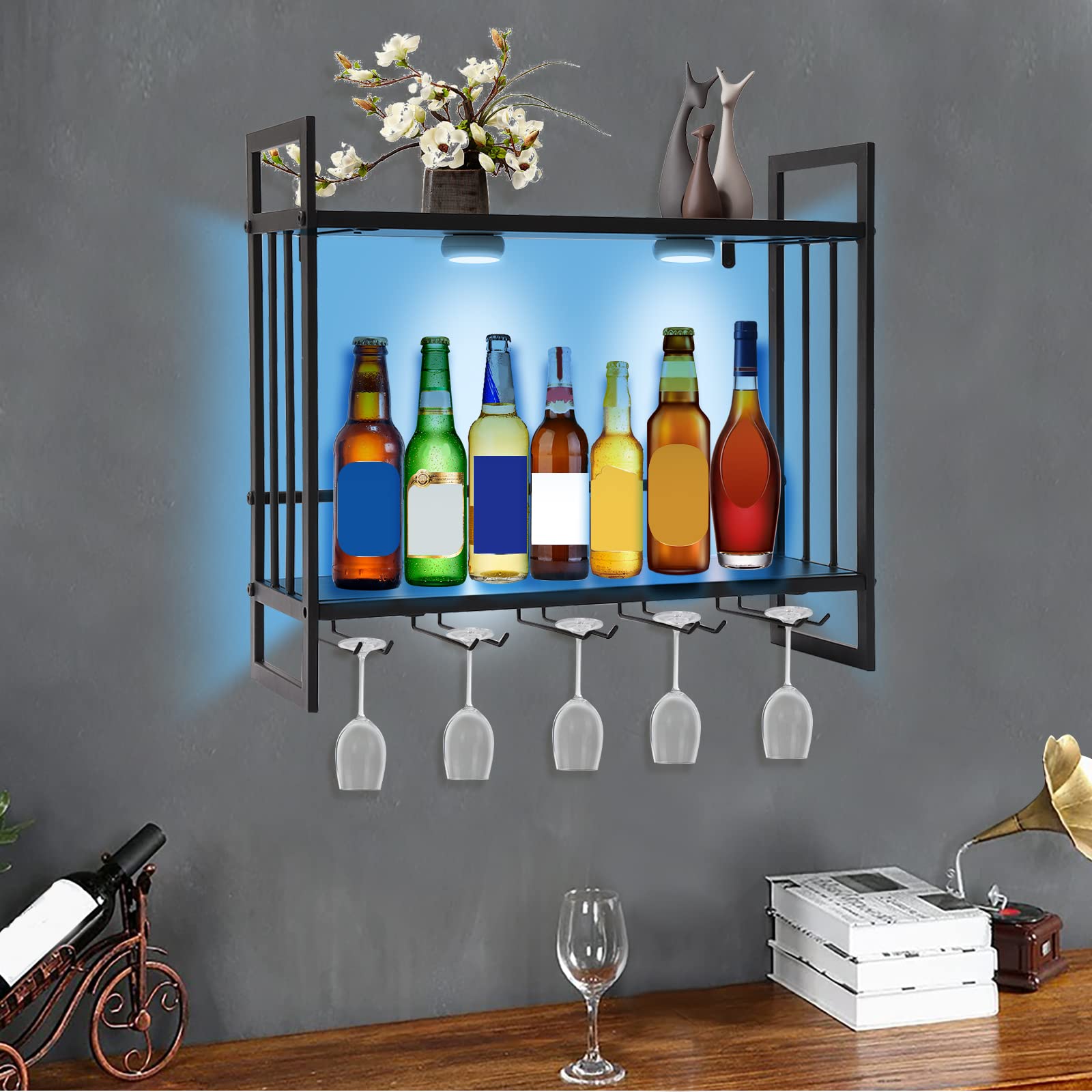 CeRaBuRET Wall Mounted LED Wine Rack, Wine Bottle Rack, Metal Hanging Wine Holder with 5 Stem Glass Holders for Storing Wine Bottles, 23.6 * 7.87 * 21.26inch