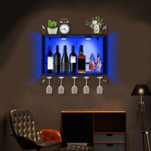 CeRaBuRET Wall Mounted LED Wine Rack, Wine Bottle Rack, Metal Hanging Wine Holder with 5 Stem Glass Holders for Storing Wine Bottles, 23.6 * 7.87 * 21.26inch