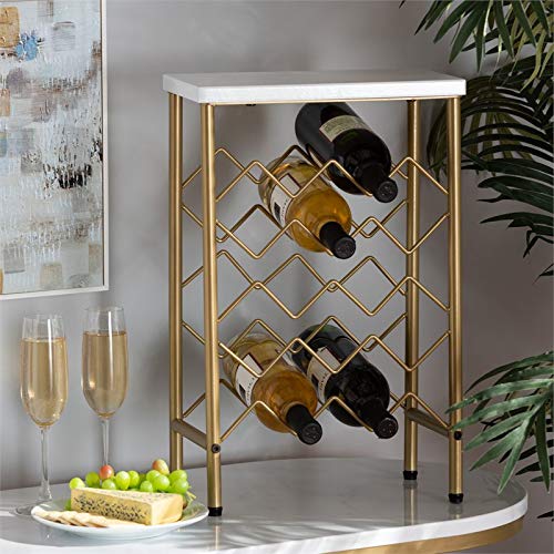 BOWERY HILL Gold Finished Metal Wine Rack with Faux Marble Tabletop