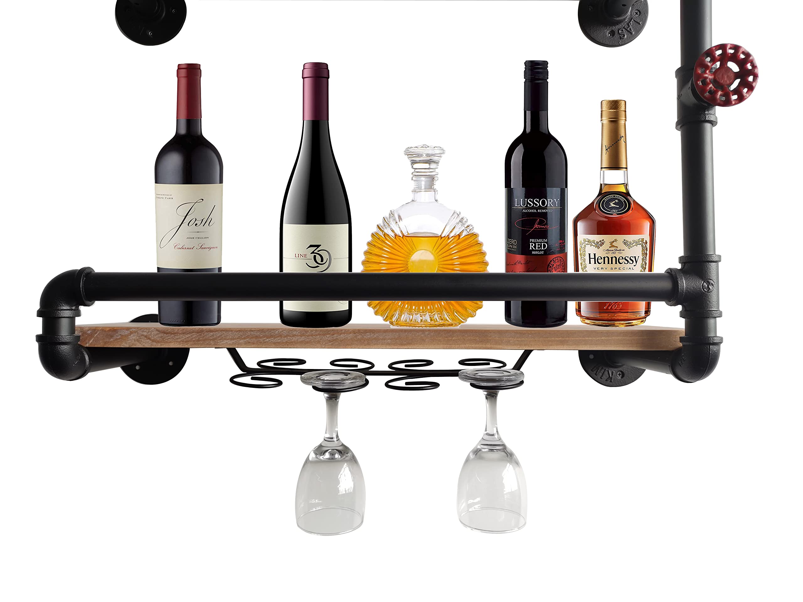 BSTGIFTS Wall Mounted Wine Rack - Wine Bottle Glass Holder - Industrial Pipe Floating Shelves - 2-Tiers Wood Shelf, Storage Shelves