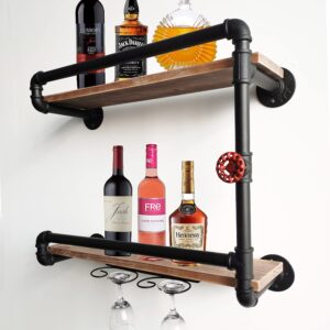 BSTGIFTS Wall Mounted Wine Rack - Wine Bottle Glass Holder - Industrial Pipe Floating Shelves - 2-Tiers Wood Shelf, Storage Shelves