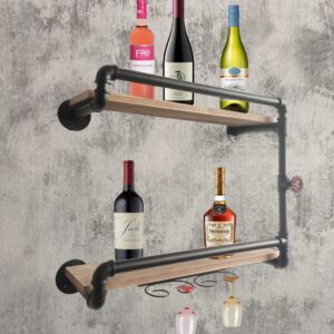 BSTGIFTS Wall Mounted Wine Rack - Wine Bottle Glass Holder - Industrial Pipe Floating Shelves - 2-Tiers Wood Shelf, Storage Shelves