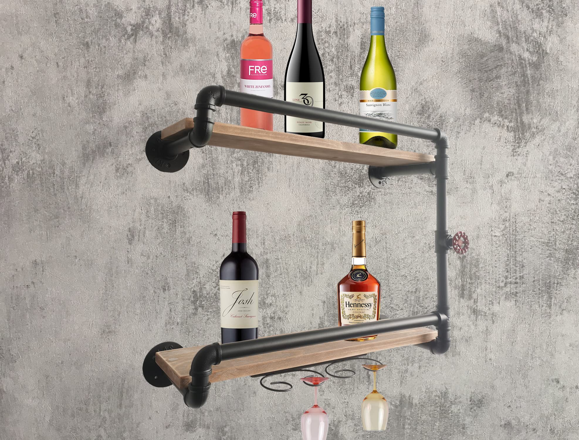 BSTGIFTS Wall Mounted Wine Rack - Wine Bottle Glass Holder - Industrial Pipe Floating Shelves - 2-Tiers Wood Shelf, Storage Shelves