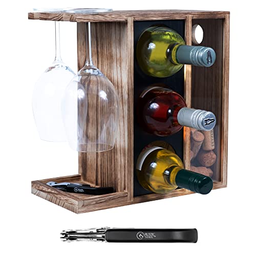 Rustic State Rias Countertop Wine Rack with Cork Opener - 3 Bottle 2 Stemware Glass Holder with Cork Storage Unit - Freestanding Wood Tabletop Display - Home Bar Décor - Burnt Brown