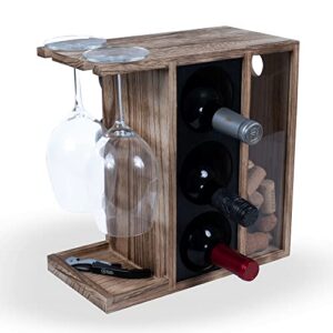 Rustic State Rias Countertop Wine Rack with Cork Opener - 3 Bottle 2 Stemware Glass Holder with Cork Storage Unit - Freestanding Wood Tabletop Display - Home Bar Décor - Burnt Brown