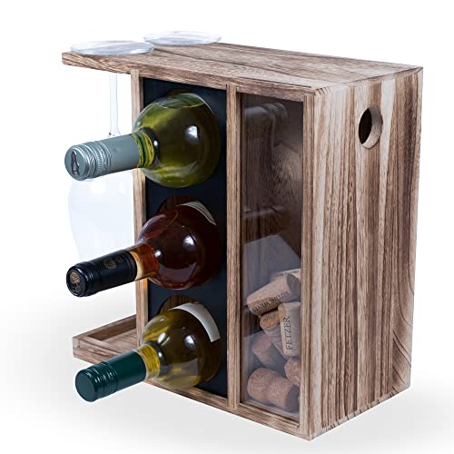 Rustic State Rias Countertop Wine Rack with Cork Opener - 3 Bottle 2 Stemware Glass Holder with Cork Storage Unit - Freestanding Wood Tabletop Display - Home Bar Décor - Burnt Brown