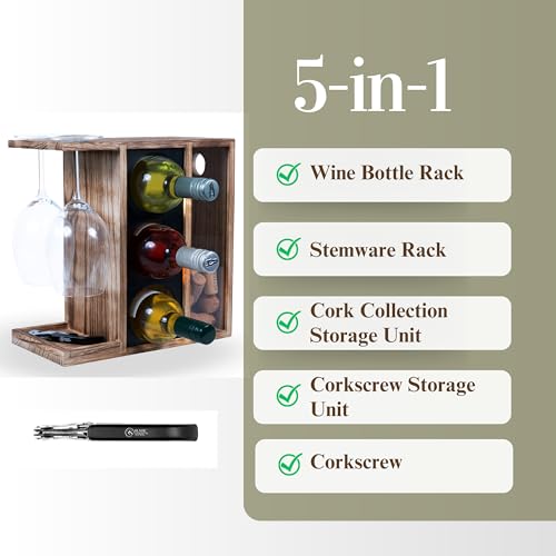 Rustic State Rias Countertop Wine Rack with Cork Opener - 3 Bottle 2 Stemware Glass Holder with Cork Storage Unit - Freestanding Wood Tabletop Display - Home Bar Décor - Burnt Brown