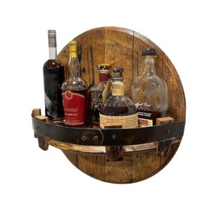 hand crafted liquor bottle display, wall mounted wine rack, wine bottle holder, vintage round wine whiskey barrel shelf for wall, wine organizer stand kitchen barware bar shelves home decor