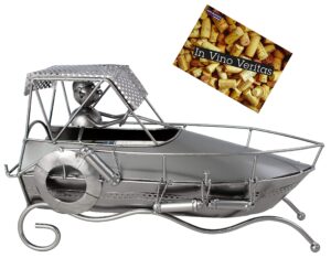 brubaker wine bottle holder 'motor boat' - table top metal sculpture - with greeting card