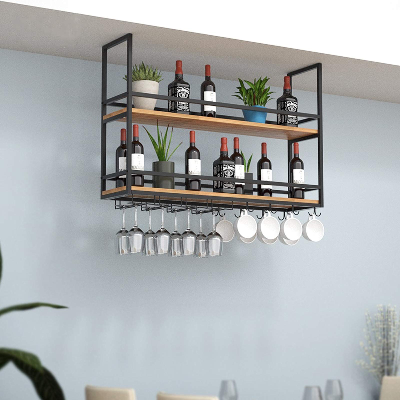 2 Tier Ceiling Wine Rack Black, Industrial Floating Shelves Wine Glass Rack with Guardrail, Hanging Decoration Storage Rack for Bar/Living Room/Dining Room