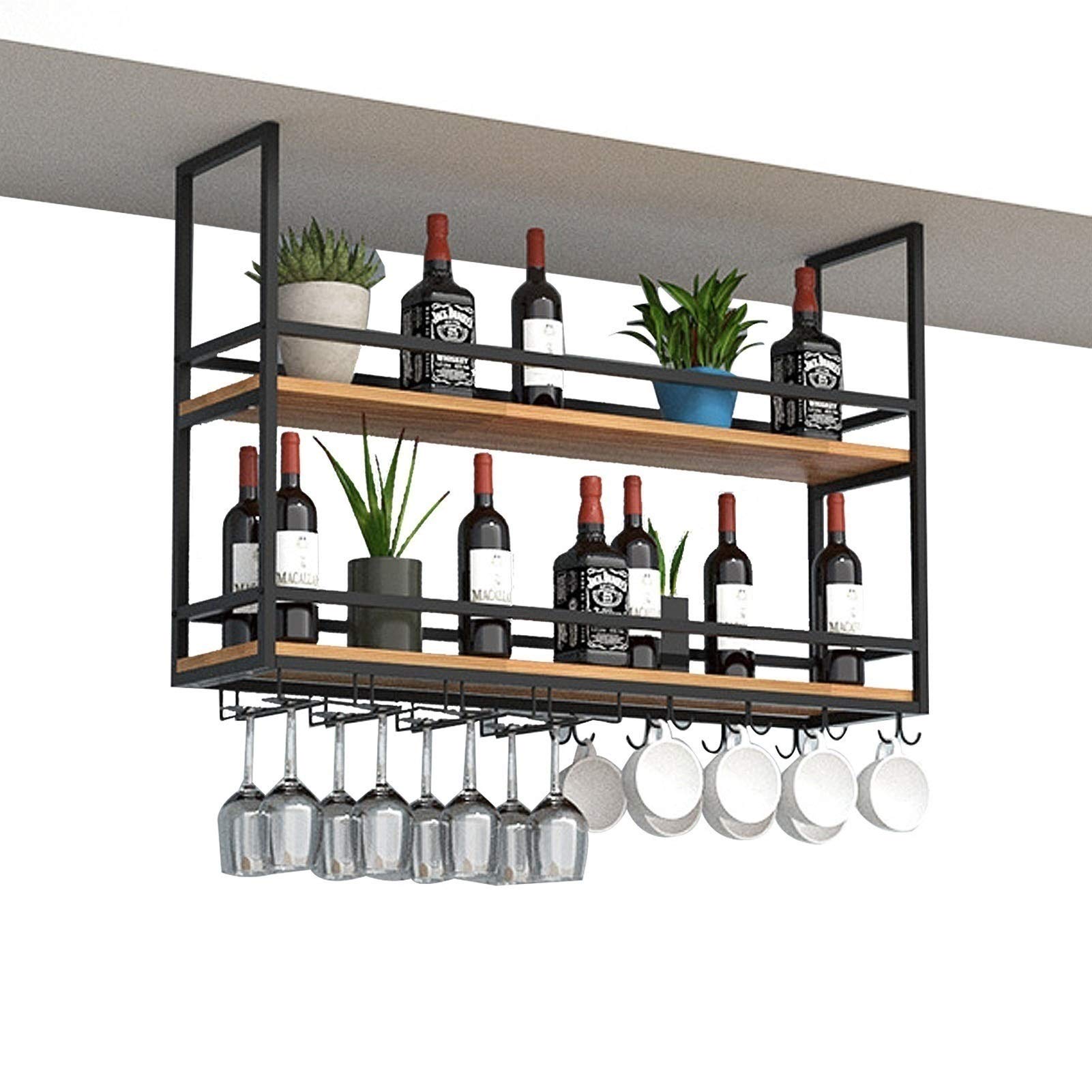 2 Tier Ceiling Wine Rack Black, Industrial Floating Shelves Wine Glass Rack with Guardrail, Hanging Decoration Storage Rack for Bar/Living Room/Dining Room