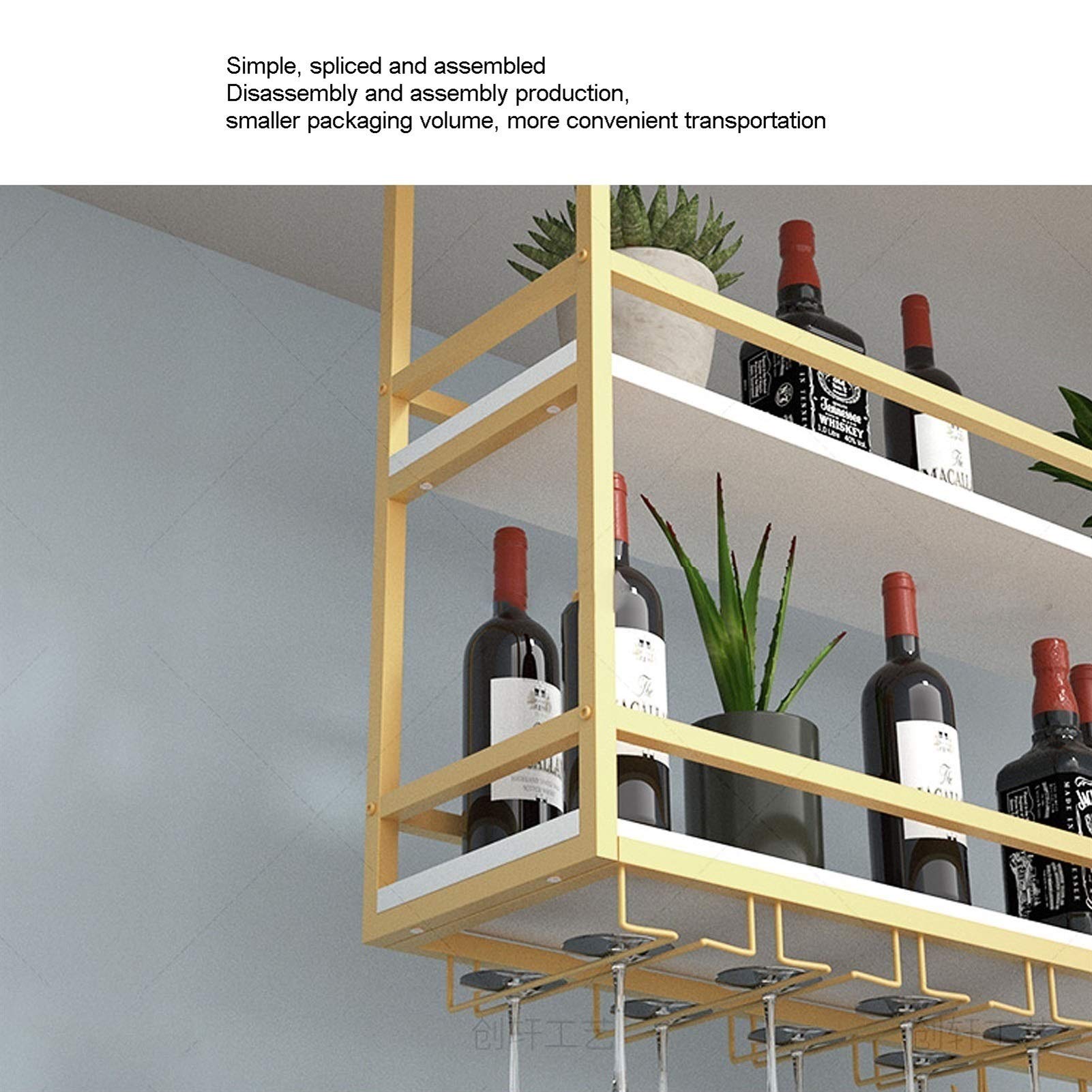 2 Tier Ceiling Wine Rack Black, Industrial Floating Shelves Wine Glass Rack with Guardrail, Hanging Decoration Storage Rack for Bar/Living Room/Dining Room