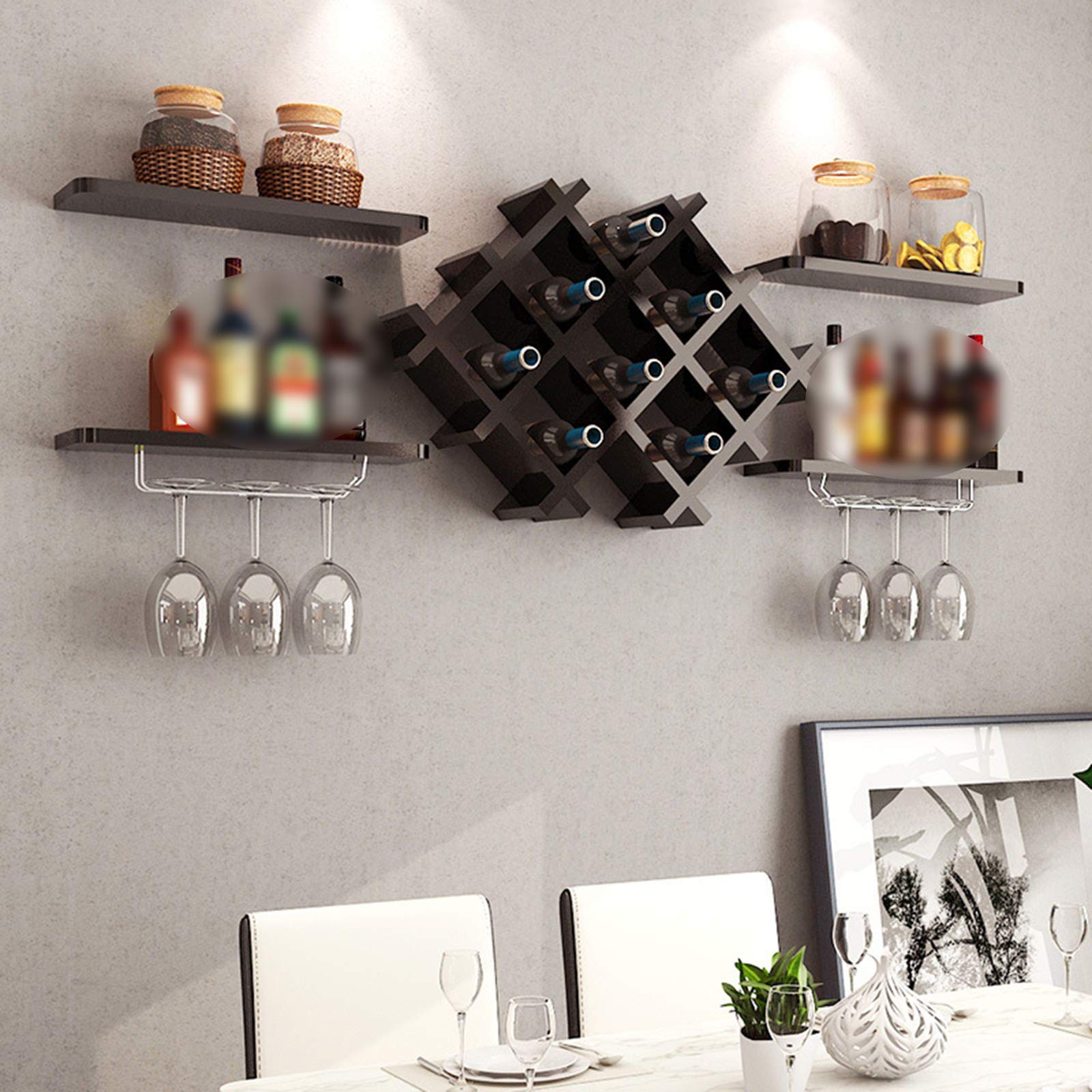 SHOWLIVEU Wall Mounted Bottle Glass Holder Shelves Wall Hanging Wine Rack 5 Piece Set Wall Mounted Bottle Glass Holder Shelves Creative Wall Hanging Wine Rack (Black)