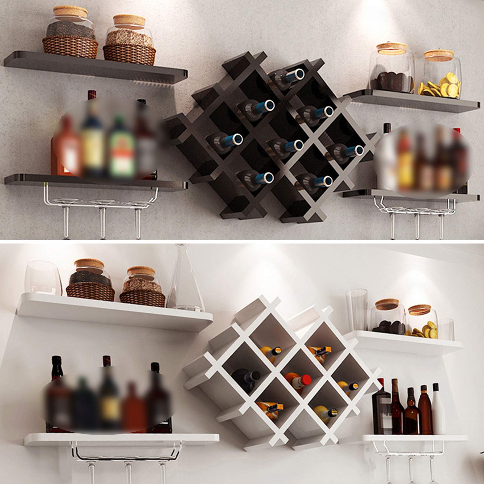 SHOWLIVEU Wall Mounted Bottle Glass Holder Shelves Wall Hanging Wine Rack 5 Piece Set Wall Mounted Bottle Glass Holder Shelves Creative Wall Hanging Wine Rack (Black)