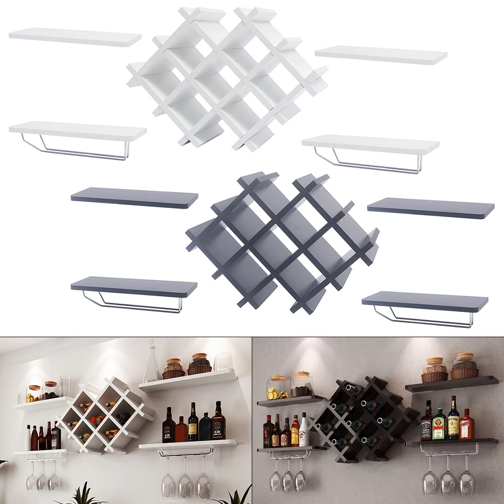 SHOWLIVEU Wall Mounted Bottle Glass Holder Shelves Wall Hanging Wine Rack 5 Piece Set Wall Mounted Bottle Glass Holder Shelves Creative Wall Hanging Wine Rack (Black)