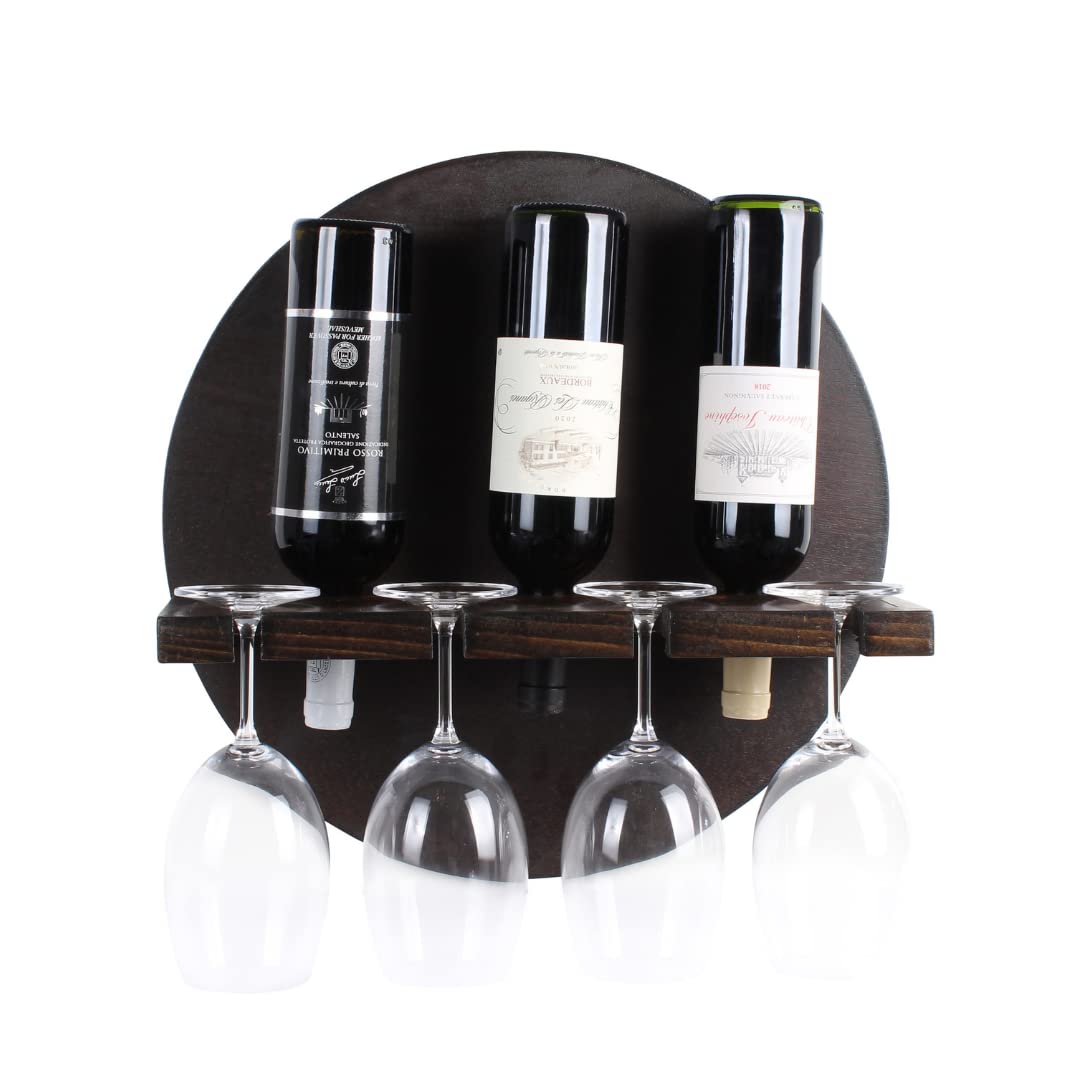 Charmont Wooden Rustic Round Wine Rack - USA Made 3 Bottle & 4 Stemware Glasses Wall Mounted Wine Holder, Anniversary, Wedding Gift for Farmhouse Home, Bar Decor and Storage (Dark Walnut Finish)