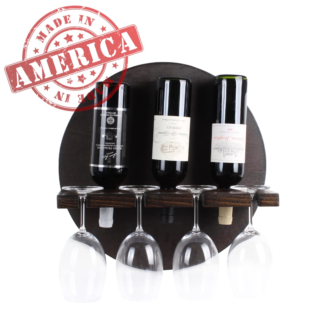 Charmont Wooden Rustic Round Wine Rack - USA Made 3 Bottle & 4 Stemware Glasses Wall Mounted Wine Holder, Anniversary, Wedding Gift for Farmhouse Home, Bar Decor and Storage (Dark Walnut Finish)