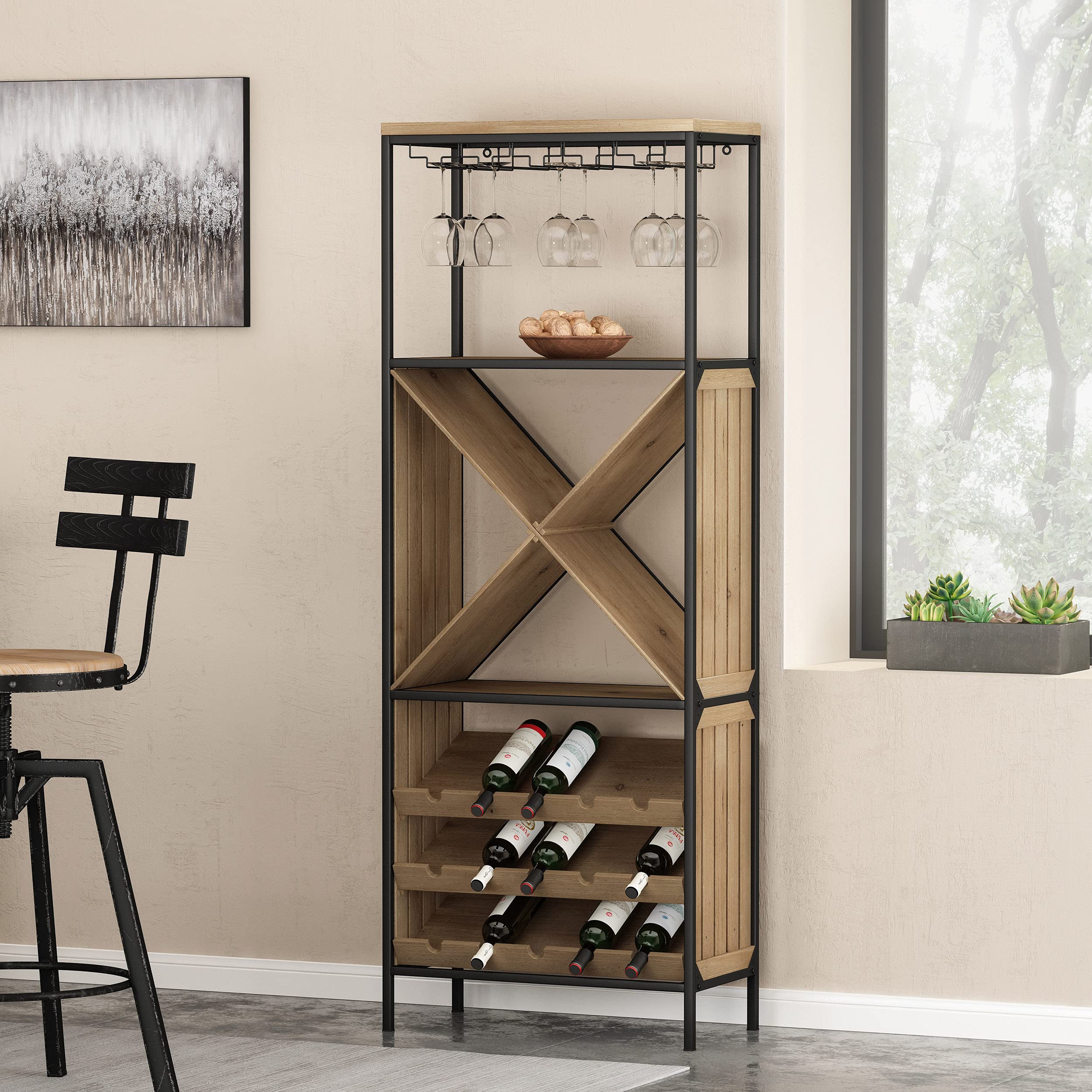 Christopher Knight Home Fritsche Modern Industrial 15 Bottle Floor Wine Rack, Natural and Black