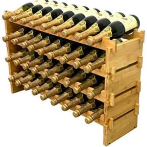 Coin and Coins - 36 Bottle Stackable Modular Wine Rack Wine Storage Rack Solid Bamboo Wine Holder Display Shelves, Wobble-Free (4-Tier, 36 Bottle Capacity)