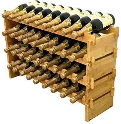 Coin and Coins - 36 Bottle Stackable Modular Wine Rack Wine Storage Rack Solid Bamboo Wine Holder Display Shelves, Wobble-Free (4-Tier, 36 Bottle Capacity)