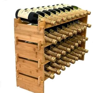 Coin and Coins - 36 Bottle Stackable Modular Wine Rack Wine Storage Rack Solid Bamboo Wine Holder Display Shelves, Wobble-Free (4-Tier, 36 Bottle Capacity)