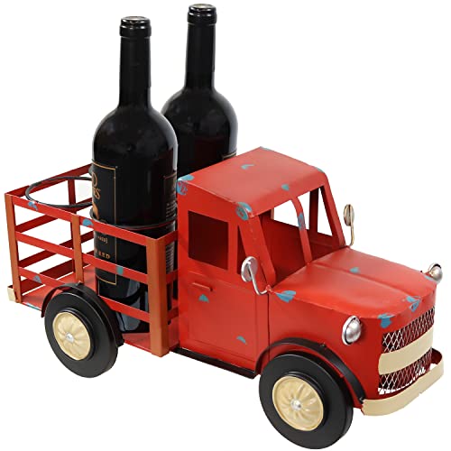 Sunnydaze Rustic Red Truck Sheet Iron Countertop Wine Rack - Holder Stores 4 Wine or Liquor Bottles