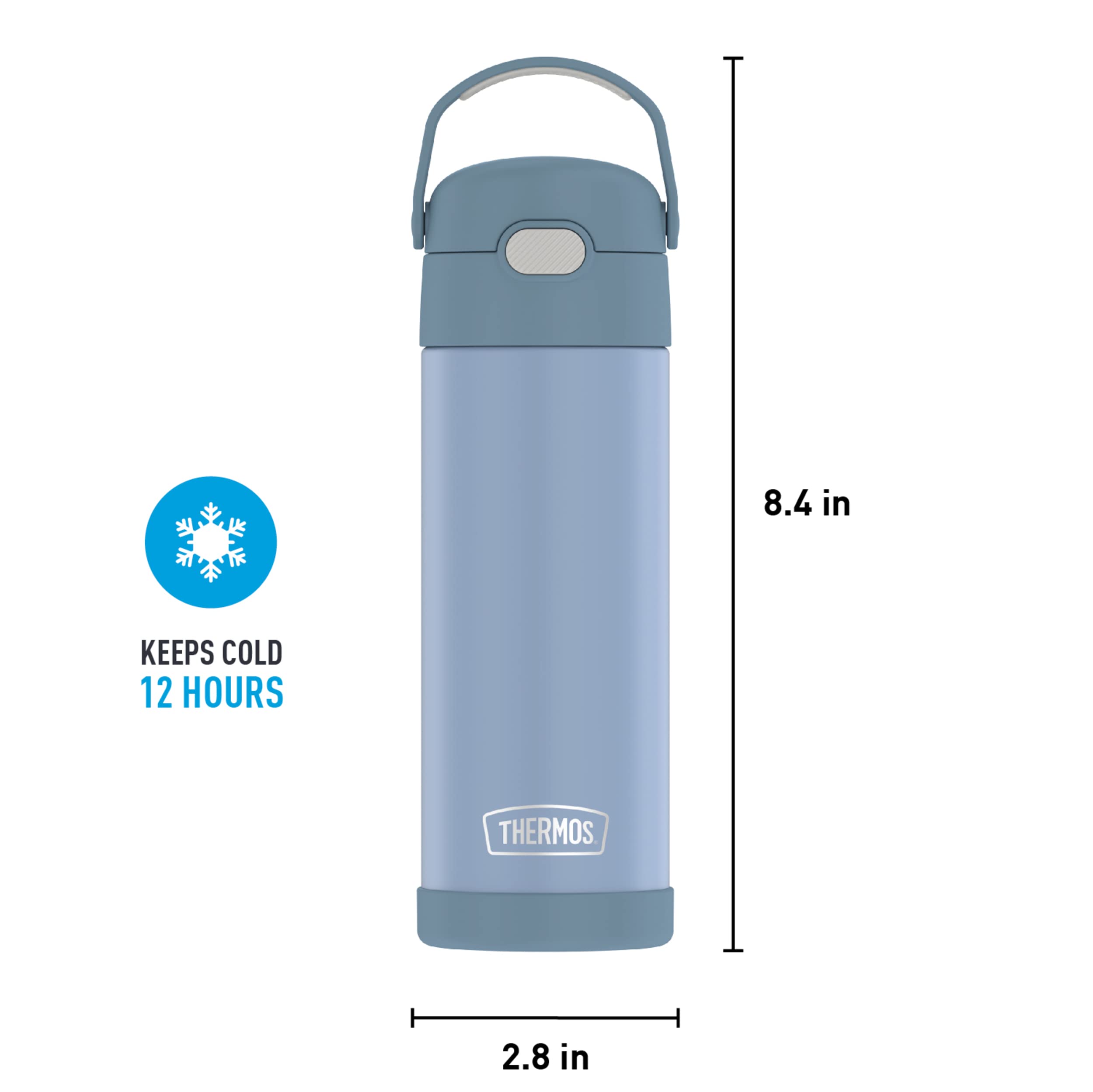 THERMOS FUNTAINER 16 Ounce Stainless Steel Vacuum Insulated Bottle with Wide Spout Lid, Denim Blue