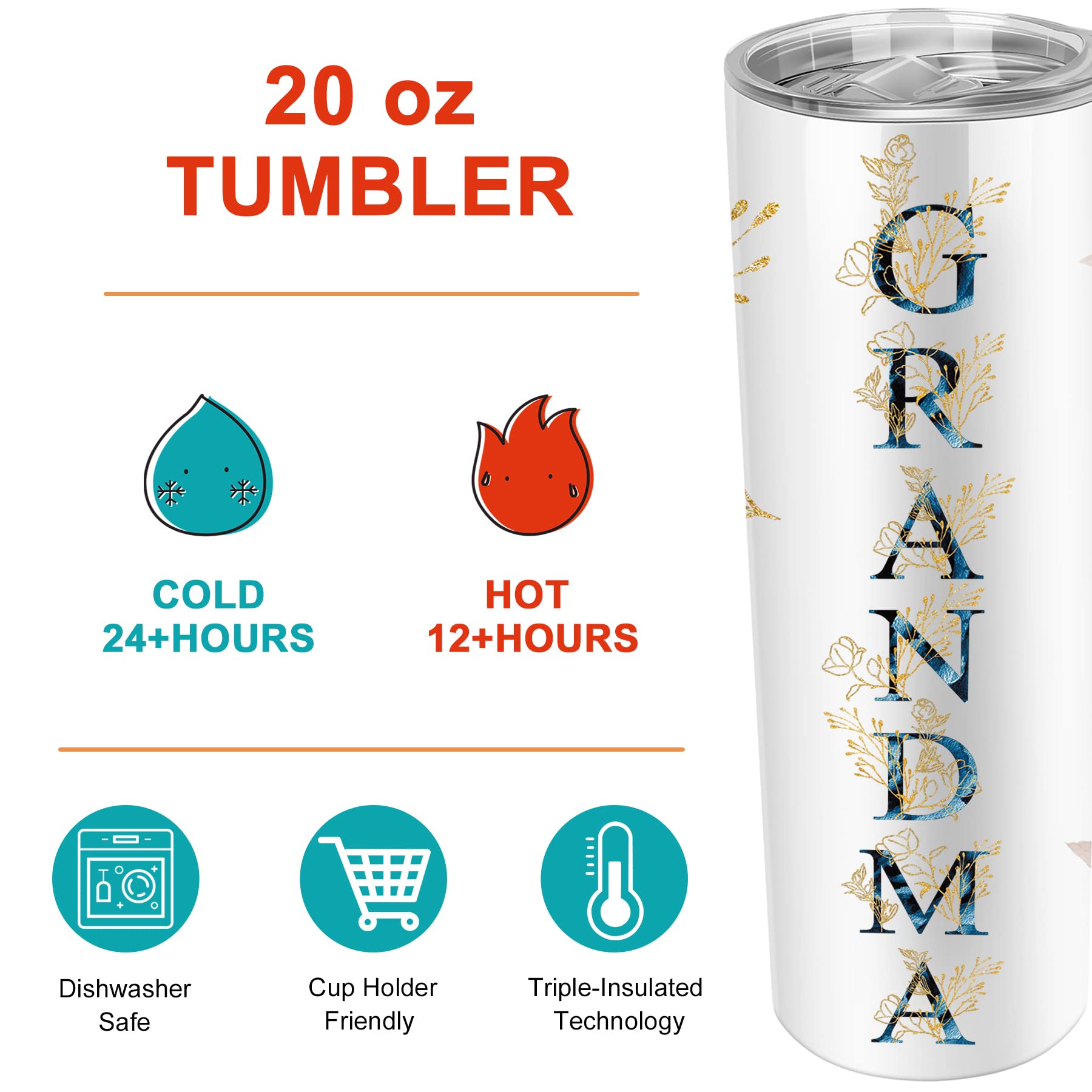 ZOKCC Gifts for Grandma- Best Grandma Stainless Steel Tumbler- Cute Grandma's Mother's Day Birthday Christmas Gifts- Gift for Grammy, Grandmothers, Grandmom from Grandchild Grandson Granddaughter