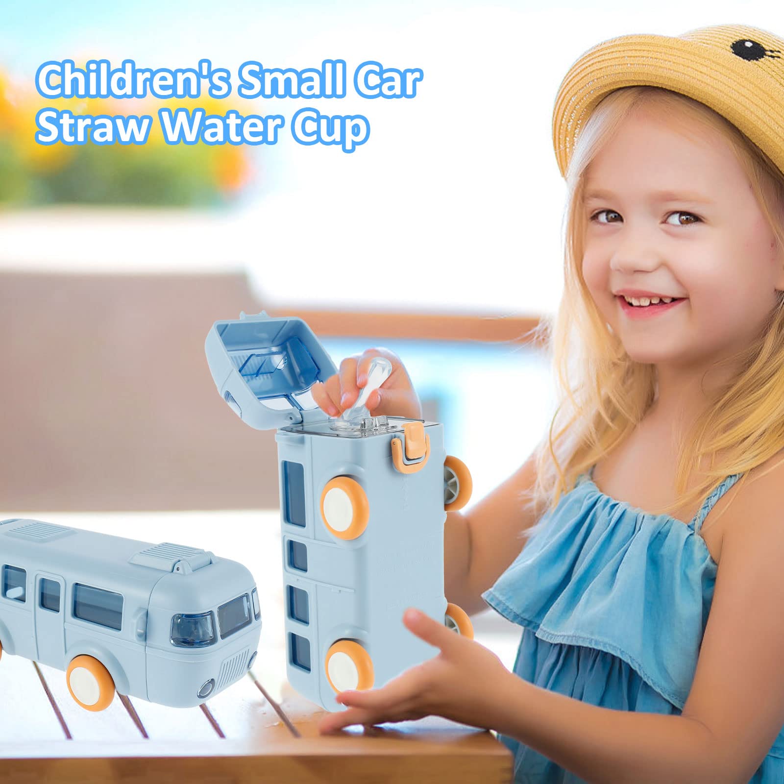 EUWBSSR Car Straw Water Cup 16oz Portable Detachable Bus Water Bottle with Shoulder Strap Leak-Proof Kids Small Drinking Cup Cute Cartoon Water Jug Toy Locking Flip Lid Water Kettle for Kids (Blue)