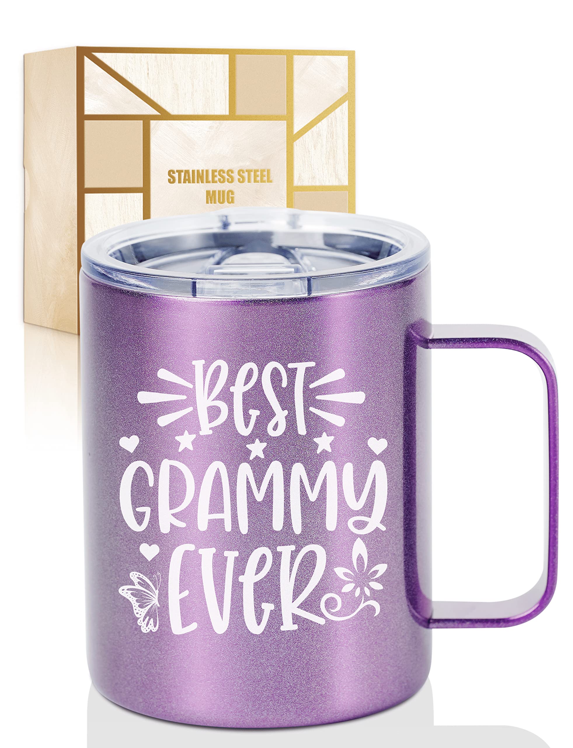 Onebttl Grandma Christmas Gifts, Insulated Stainless Steel Coffee Mug with Lid and Handle, Birthday, Mother's Day gifts, Shimmering Purple, (12 oz) Best Grammy Ever, Grammy gifts