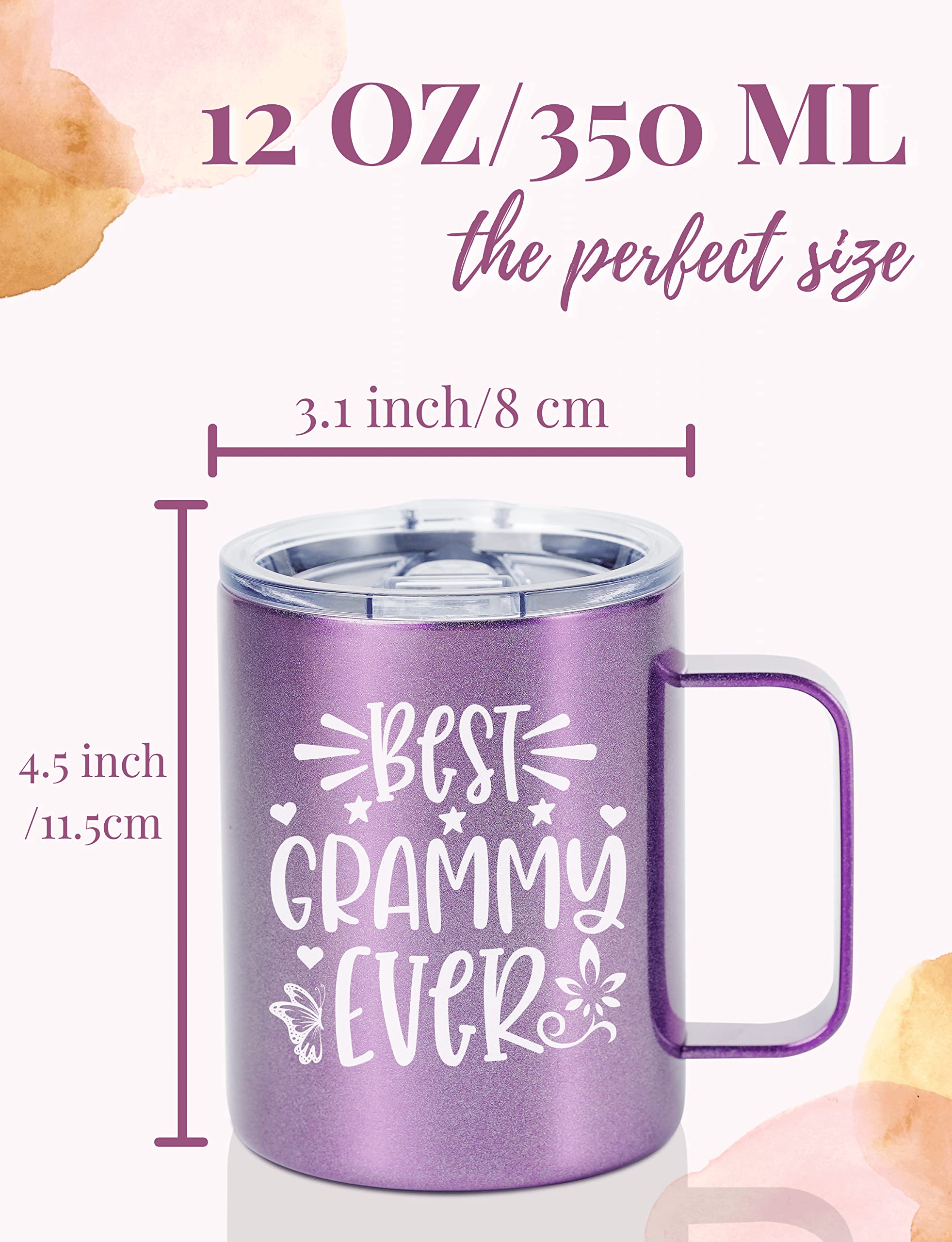 Onebttl Grandma Christmas Gifts, Insulated Stainless Steel Coffee Mug with Lid and Handle, Birthday, Mother's Day gifts, Shimmering Purple, (12 oz) Best Grammy Ever, Grammy gifts