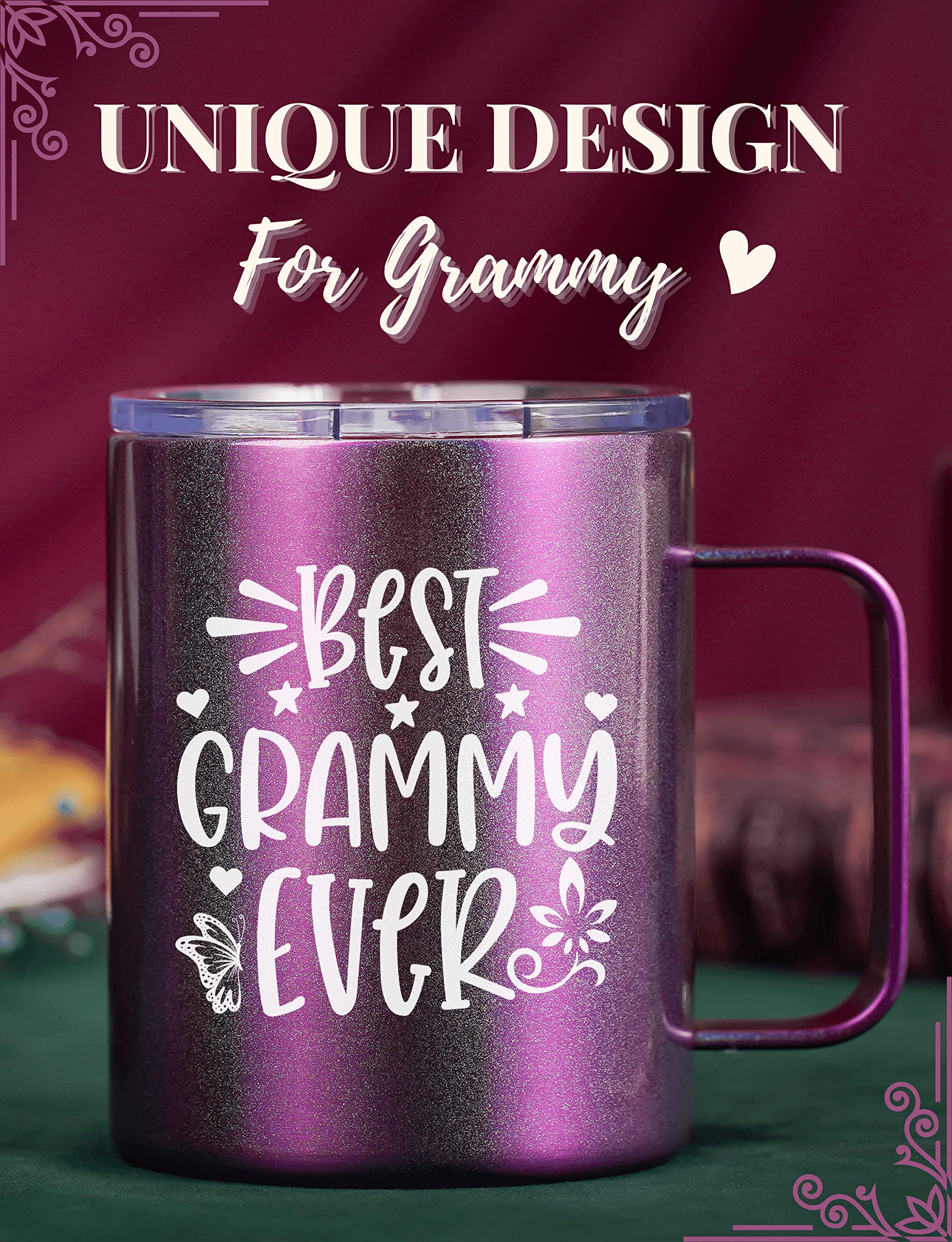 Onebttl Grandma Christmas Gifts, Insulated Stainless Steel Coffee Mug with Lid and Handle, Birthday, Mother's Day gifts, Shimmering Purple, (12 oz) Best Grammy Ever, Grammy gifts