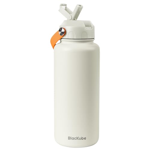 Blackube 32oz Insulated Water Bottle with Straw Lid, Stainless Steel Water Bottles Keeps Hot and Cold for School, Fitness, Outdoor and Camping-White