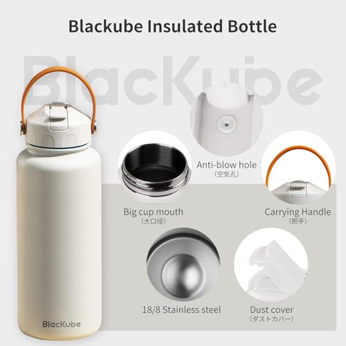 Blackube 32oz Insulated Water Bottle with Straw Lid, Stainless Steel Water Bottles Keeps Hot and Cold for School, Fitness, Outdoor and Camping-White