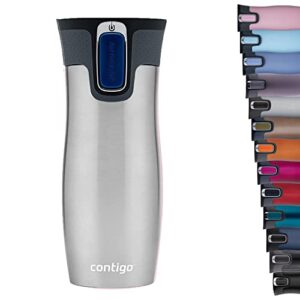 contigo west loop autoseal travel mug, stainless steel thermal mug, vacuum flask, leakproof tumbler, coffee mug with bpa easy-clean lid, 470 ml, stainless steel