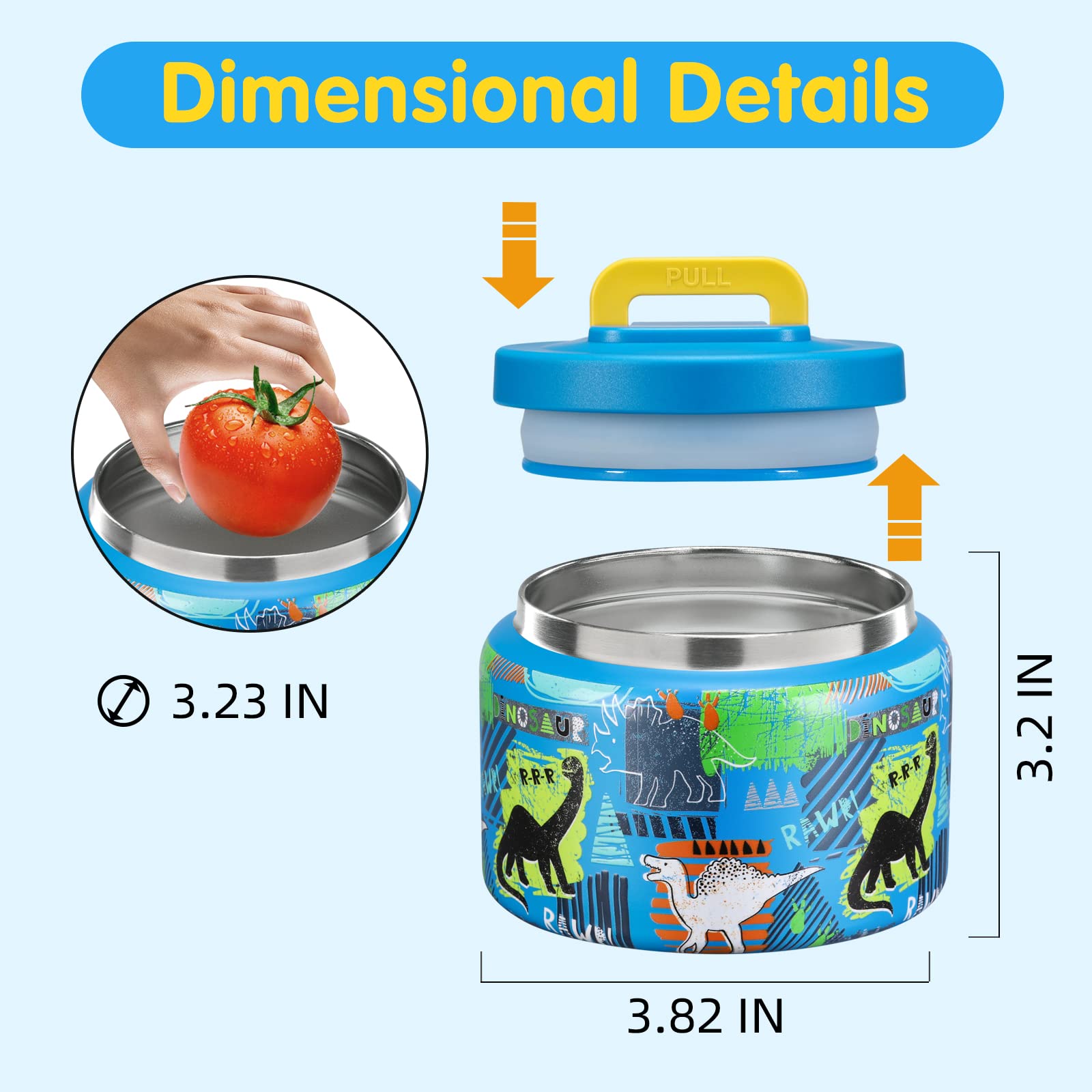 JXXM 8 Oz Thermo Food Jar for Hot & Cold Kids, Insulated Lunch Containers Jar,Leak-Proof Vacuum Stainless Steel Wide Mouth Soup thermo School,Travel (BLUE-Dinosaur) 1pc