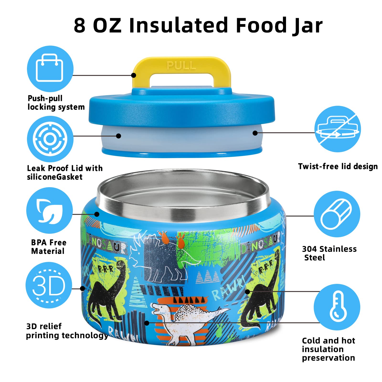 JXXM 8 Oz Thermo Food Jar for Hot & Cold Kids, Insulated Lunch Containers Jar,Leak-Proof Vacuum Stainless Steel Wide Mouth Soup thermo School,Travel (BLUE-Dinosaur) 1pc