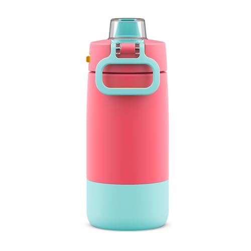 Ello Kids Colby 12oz Stainless Steel Insulated Water Bottle with Straw and Built-In Silicone Coaster Carrying Handle and Leak-Proof Locking Lid for School Backpack, Lunchbox, and Outdoor Sports, Coral