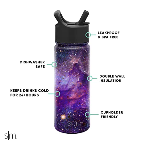 Simple Modern Kids Water Bottle with Straw Lid Vacuum Insulated Stainless Steel Metal Thermos Bottles | Reusable Leak Proof BPA-Free Flask for School | Summit Collection | 18oz, Nebula