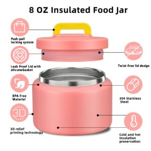 JXXM 8 Oz Thermo Food Jar for Hot & Cold Food for Kids, Insulated Lunch Containers Hot Food Jar,Leak-Proof Vacuum Stainless Steel Wide Mouth Lunch Soup thermo for School,Travel (PINK-Pure) 1pc