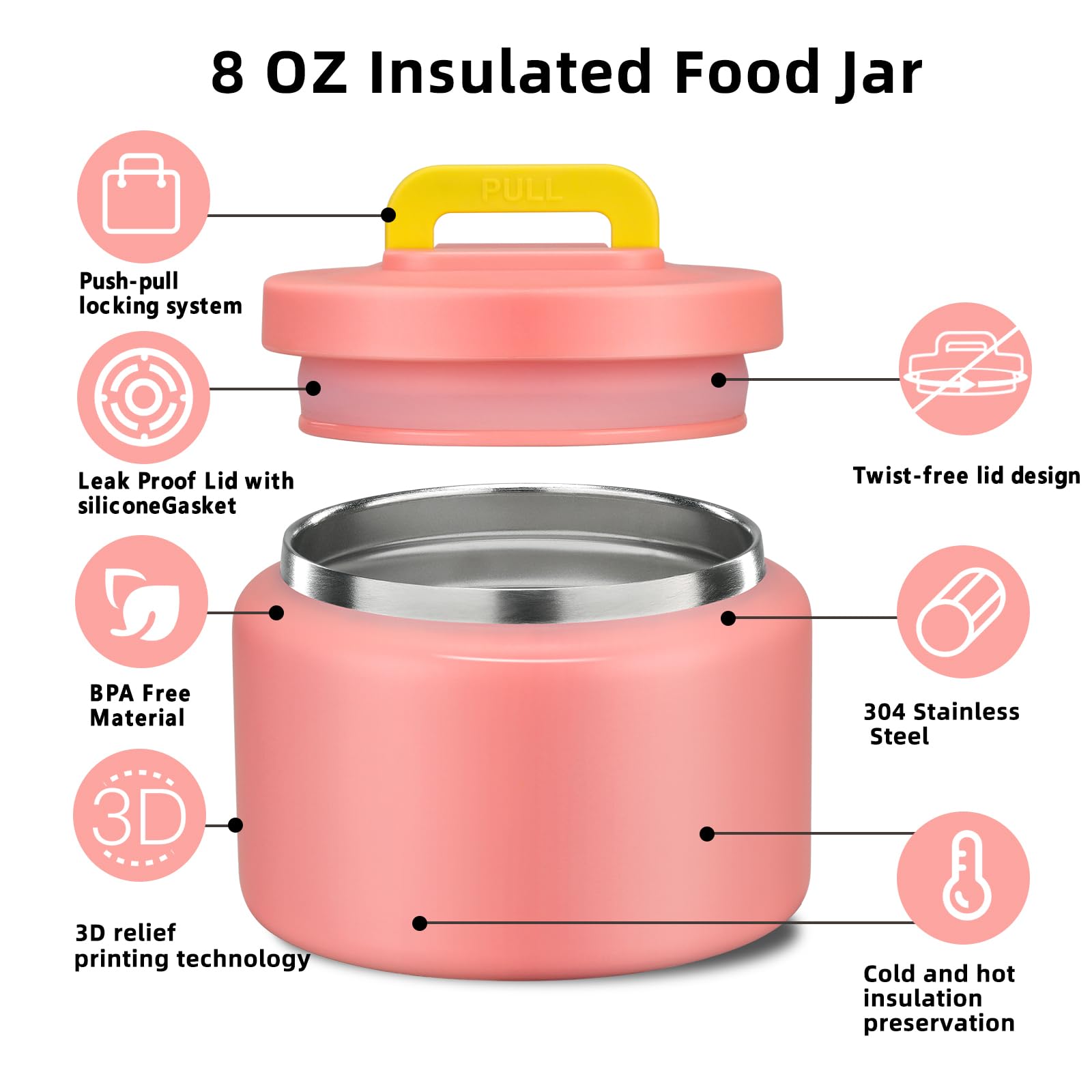 JXXM 8 Oz Thermo Food Jar for Hot & Cold Food for Kids, Insulated Lunch Containers Hot Food Jar,Leak-Proof Vacuum Stainless Steel Wide Mouth Lunch Soup thermo for School,Travel (PINK-Pure) 1pc